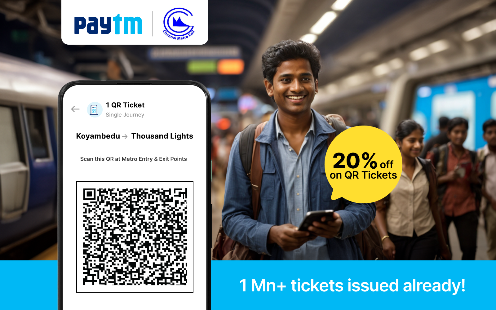 Paytm issues over 1 million QR tickets for Chennai Metro; CMRL offers 20% discount on QR tickets ...